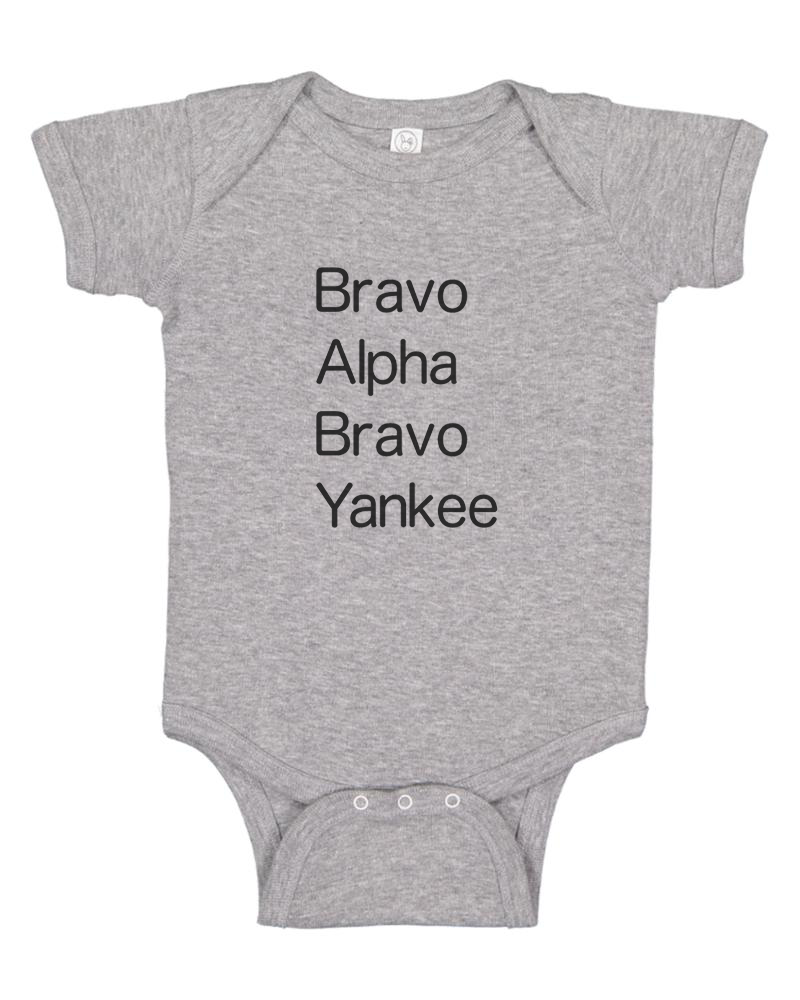 Bravo Alpha Bravo Yankee (B.A.B.Y) Onesie – Phelix & Co.